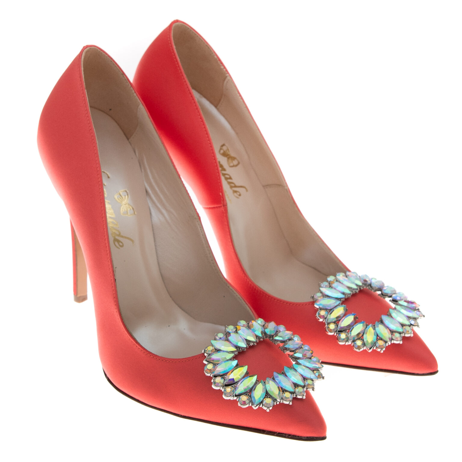 “Brigitte Heels” Coral Satin – Fairymade | Handcrafted by Myrto Kliafa!